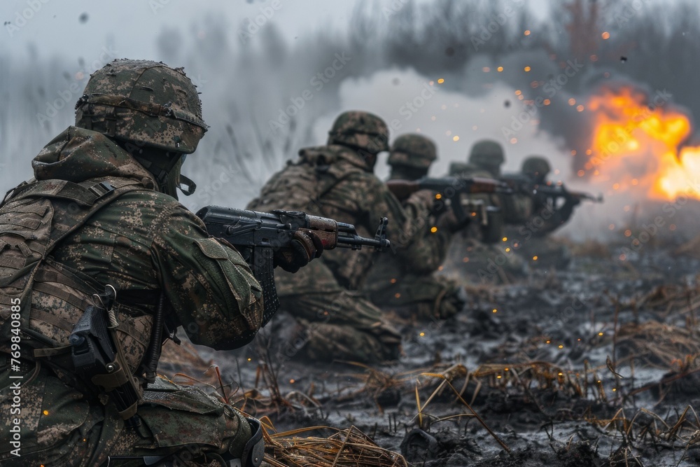 Photo & Art Print Squad of Soldiers in Combat Uniforms Engaged in a ...
