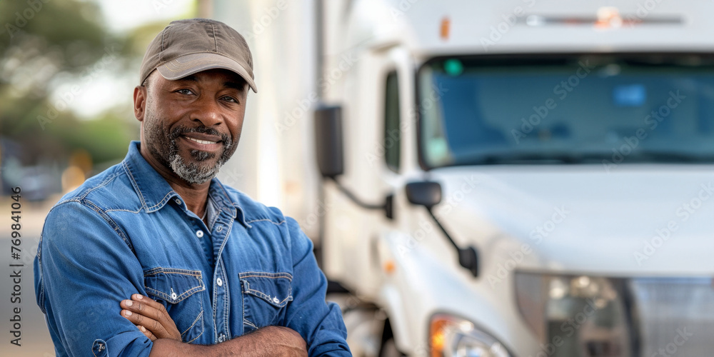 Professional African American Truck Driver Crossing Arms Proudly Beside ...