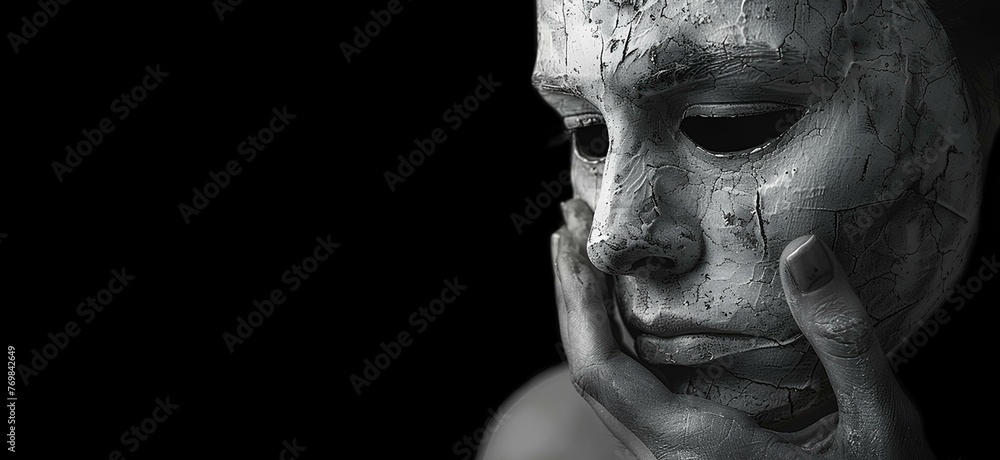 Sad female face with white makeup on black background. Depression ...