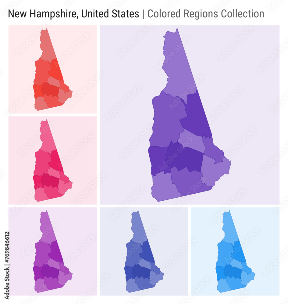 New Hampshire, United States. Map collection. State shape. Colored ...