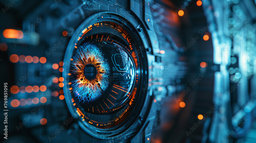 Female eye close up with smart contact lens with digital and bio-metric ...