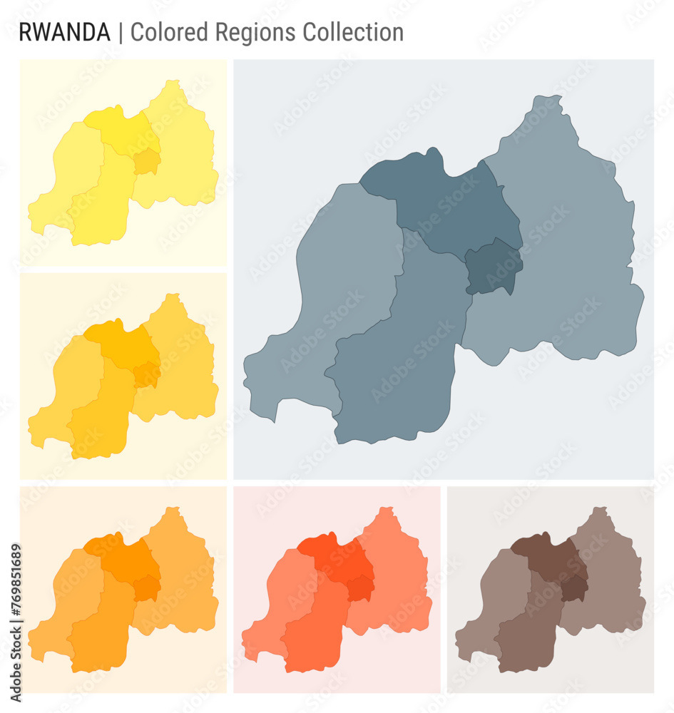 Rwanda map collection. Country shape with colored regions. Blue Grey ...