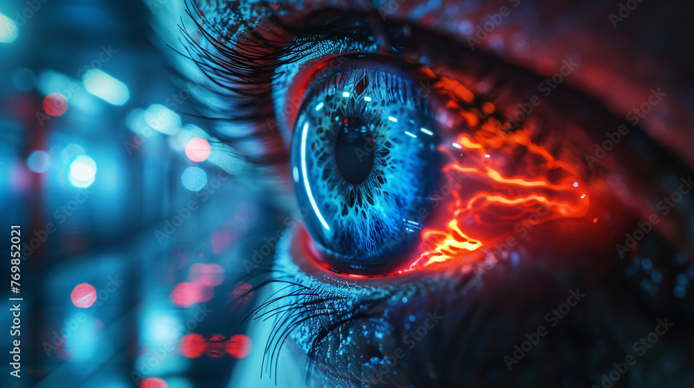 Female eye close up with smart contact lens with digital and bio-metric ...