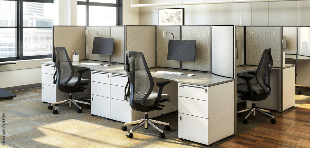 A contemporary cubicle design featuring ergonomic chairs, movable ...