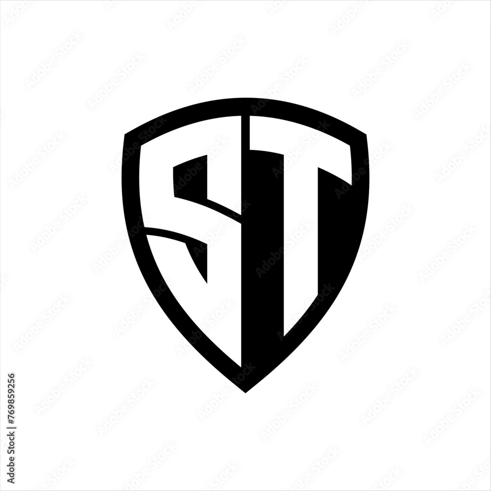 ST monogram logo with bold letters shield shape with black and white ...