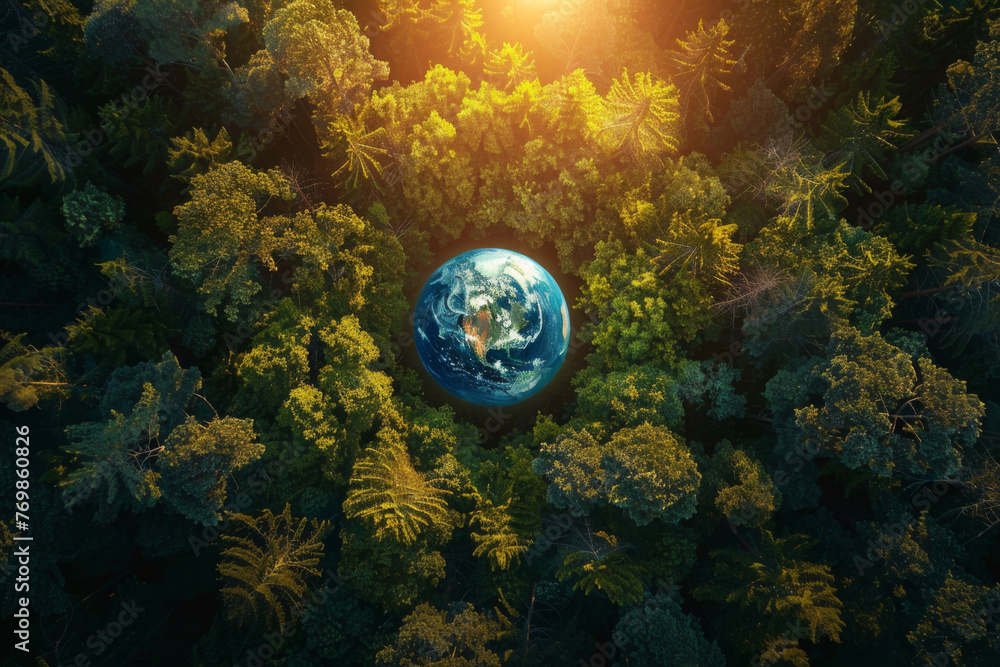 Green forest with the Earth global planet that tree growing from inside ...