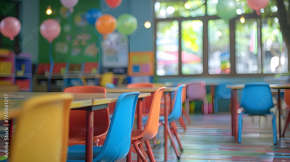 School classroom in blur background without young student. Blurry view ...