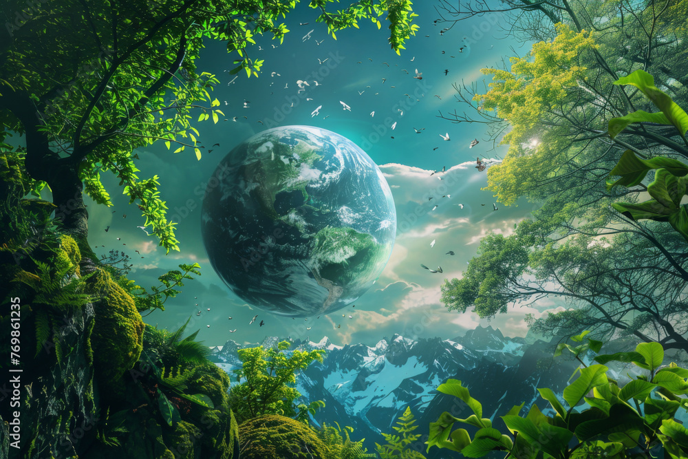 Green forest with the Earth global planet that tree growing from inside ...