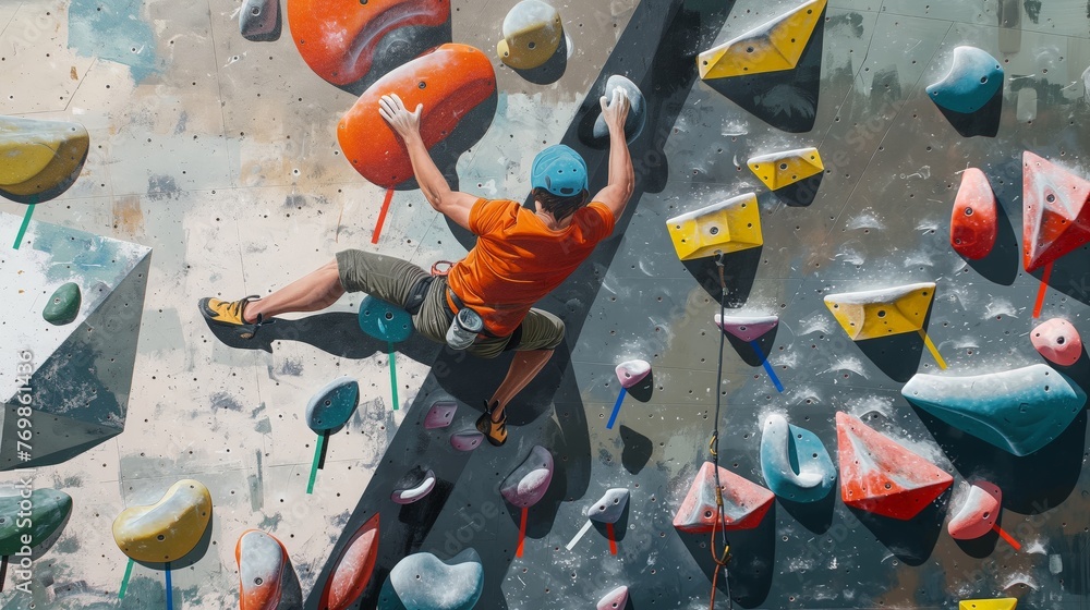 Climber on an artificial wall demonstrating strength and skill in a ...