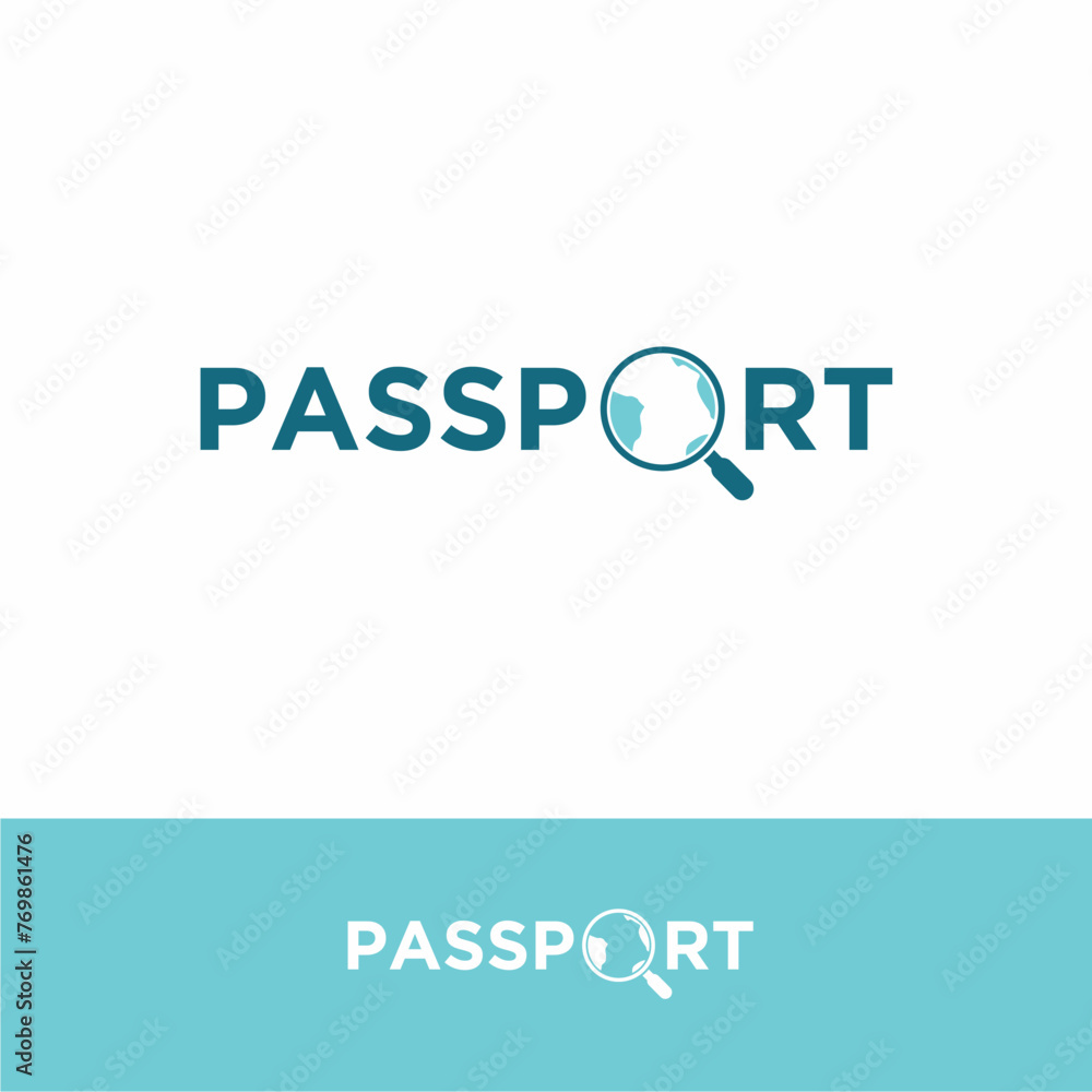 passport website logo design inspiration with a magnifying glass and ...
