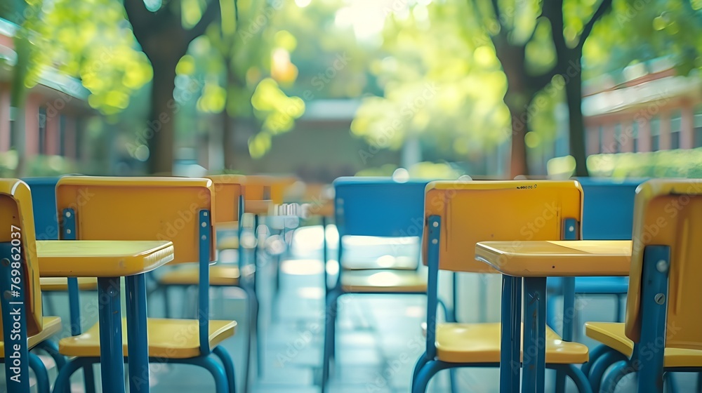 School classroom in blur background without young student. Blurry view ...