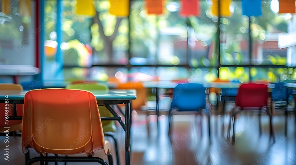 School classroom in blur background without young student. Blurry view ...