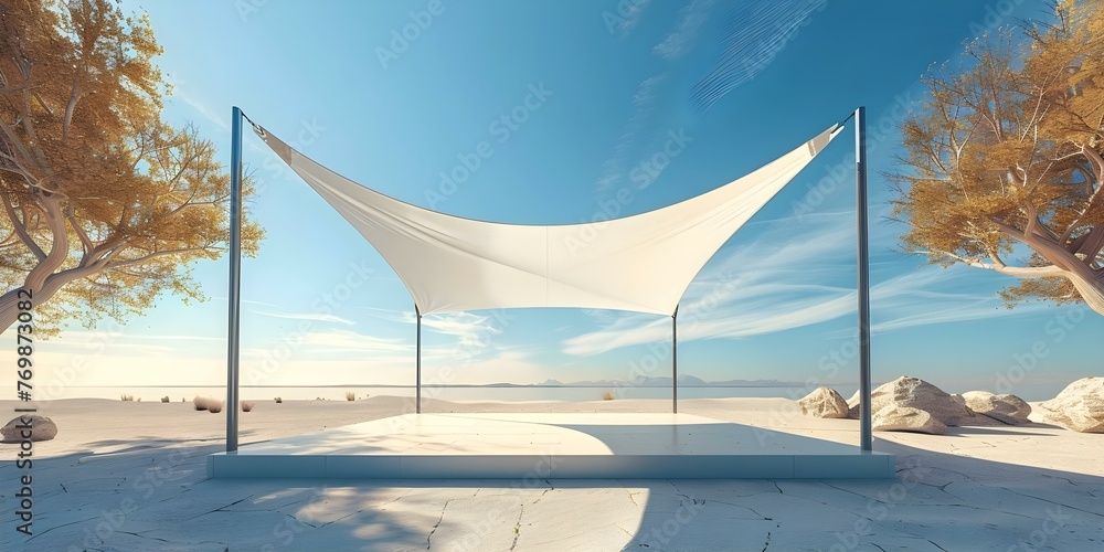 Large fabric shade cover creating shaded spaces anchored to the ground ...