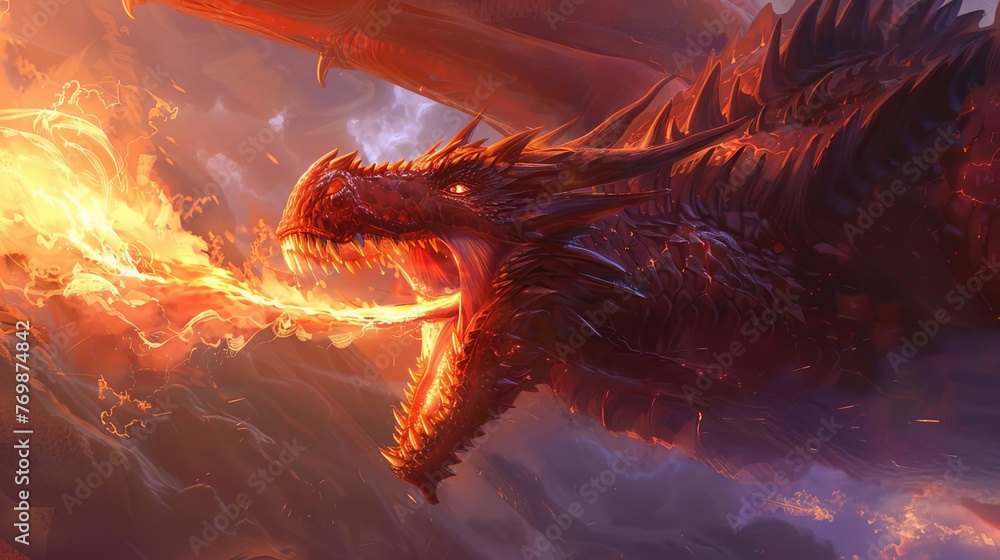 Majestic Red Giant Dragon Breathing Fire, Mythological Creature ...