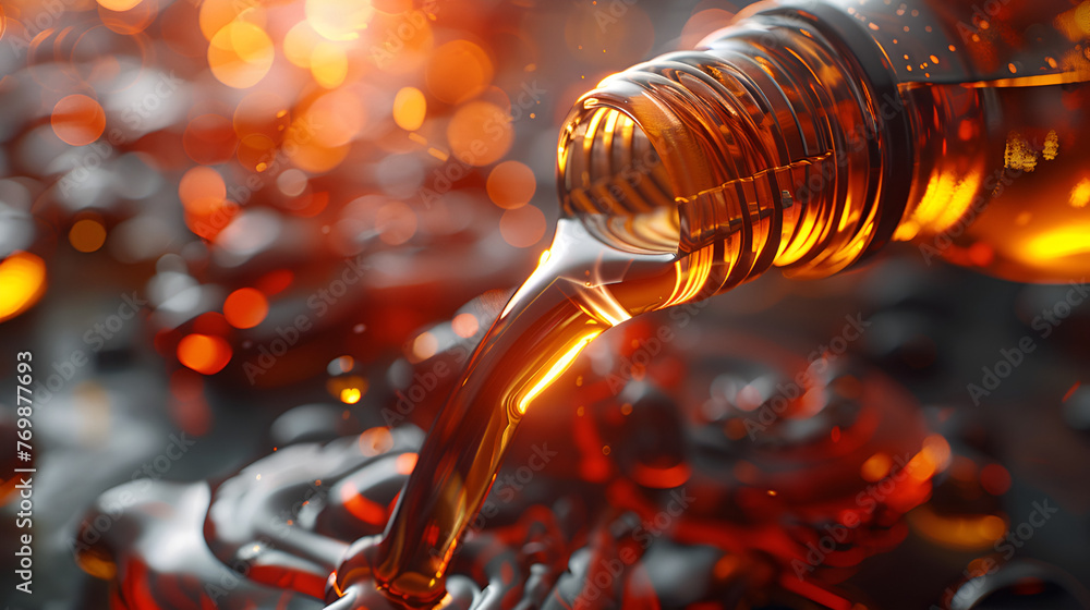 Liquid stream of motorcycle motor oil flows from the neck of the bottle ...