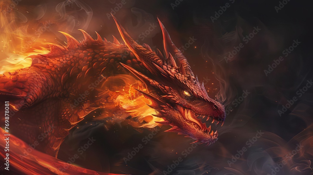 Red dragon breathing fire, dark fantasy background, mythological ...