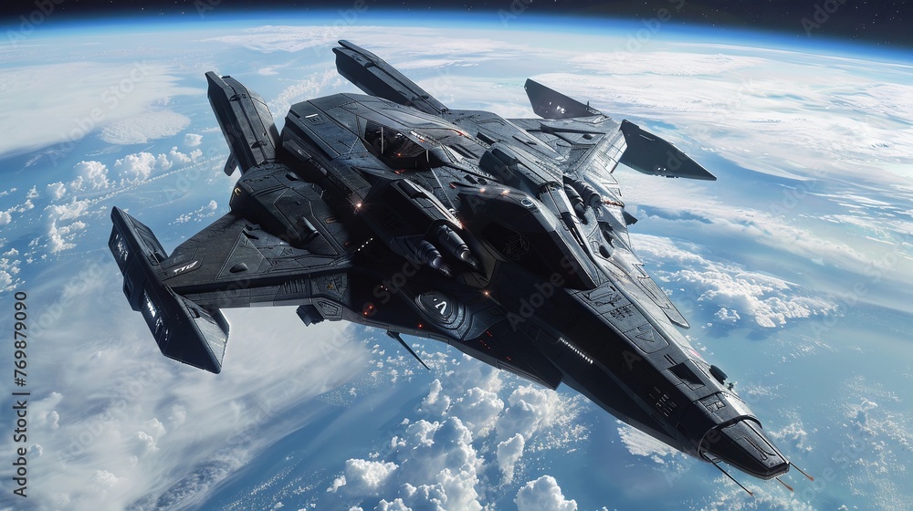 A sleek, triangular spaceship with an angular design and hightech ...