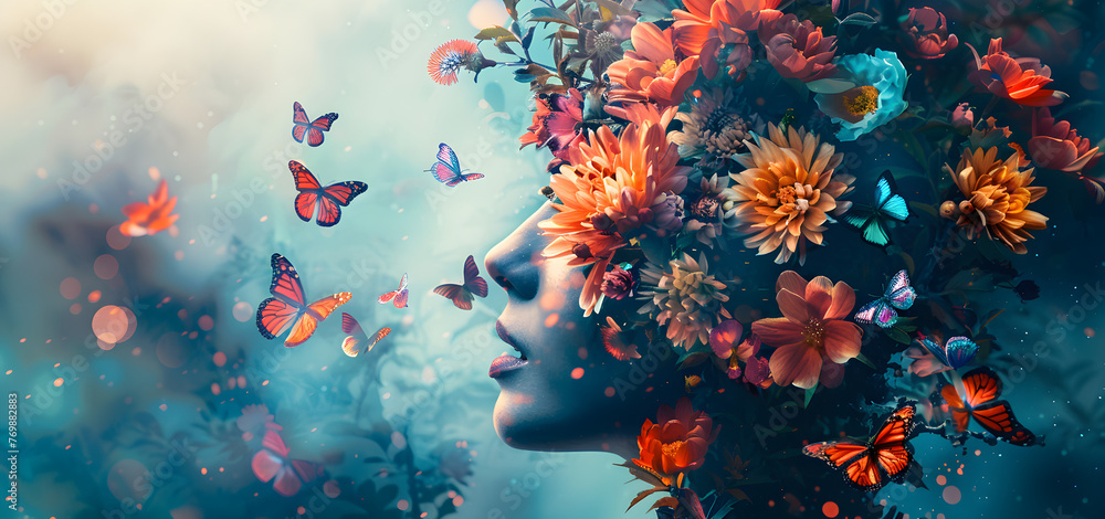 The image depicts a human mind with flowers and butterflies growing ...