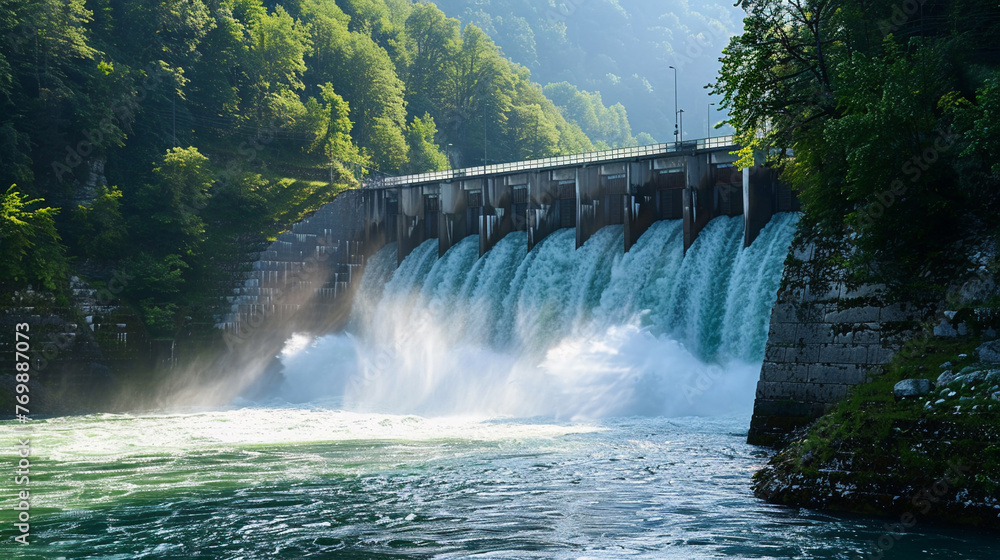 Majestic overflow at a grand dam where torrents of water rush down ...