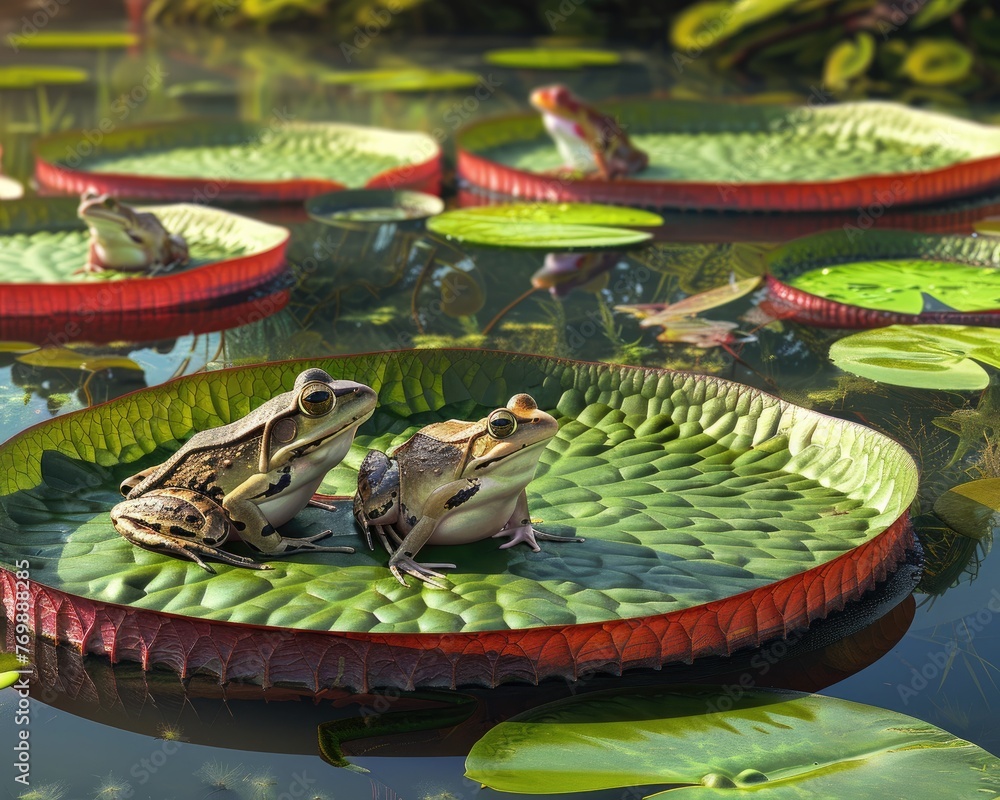 Frogs sitting on lily pads that float on the surface of a water-covered exoplanet Stock ...