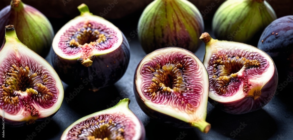 A cluster of figs positioned together on a dark background with one cut ...