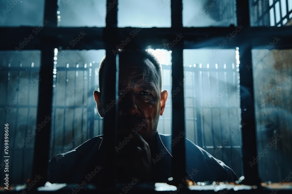 Guilty criminal person standing behind prison cage bars Stock ...