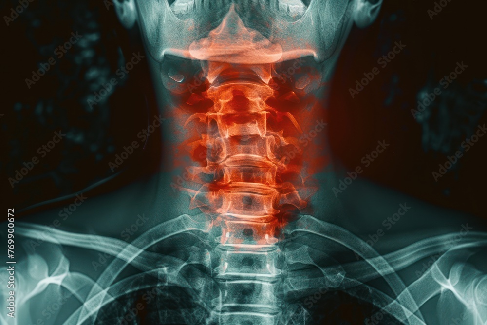 X-ray of the throat with visible airway red color damage on solid black ...