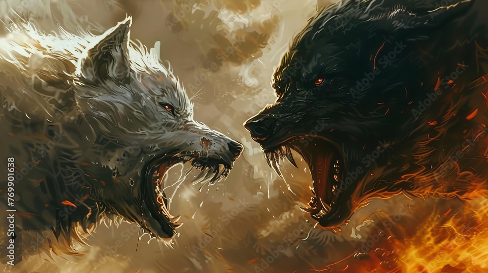 Dramatic fantasy illustration featuring a white wolf and a black wolf ...