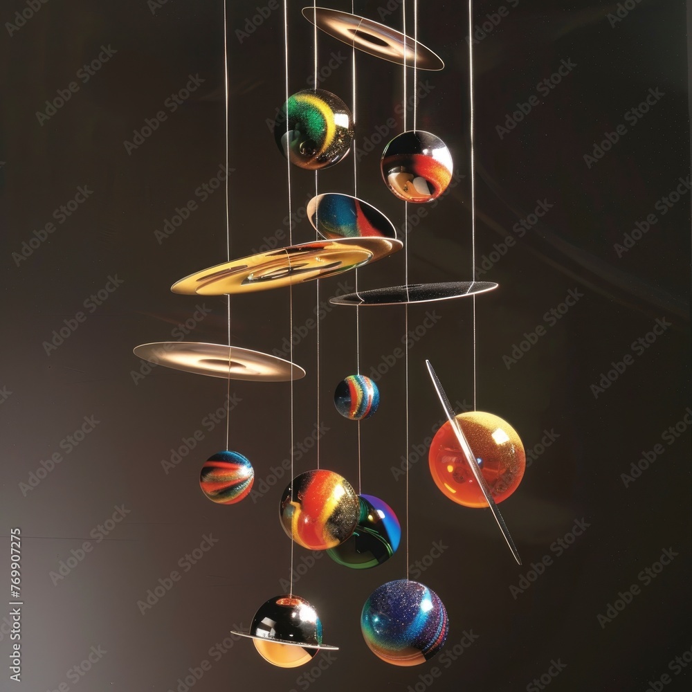 A hanging display of colorful balls, including a black one, that ...