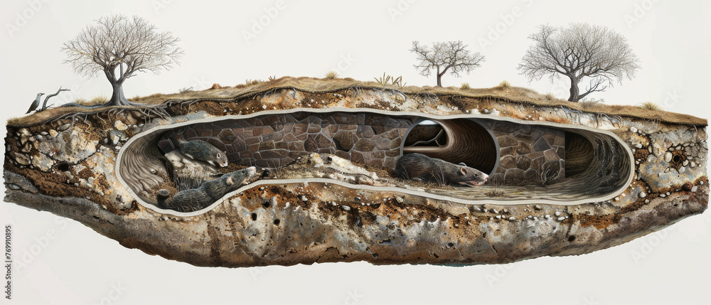 A comprehensive illustration of an animal burrow cross-section with ...