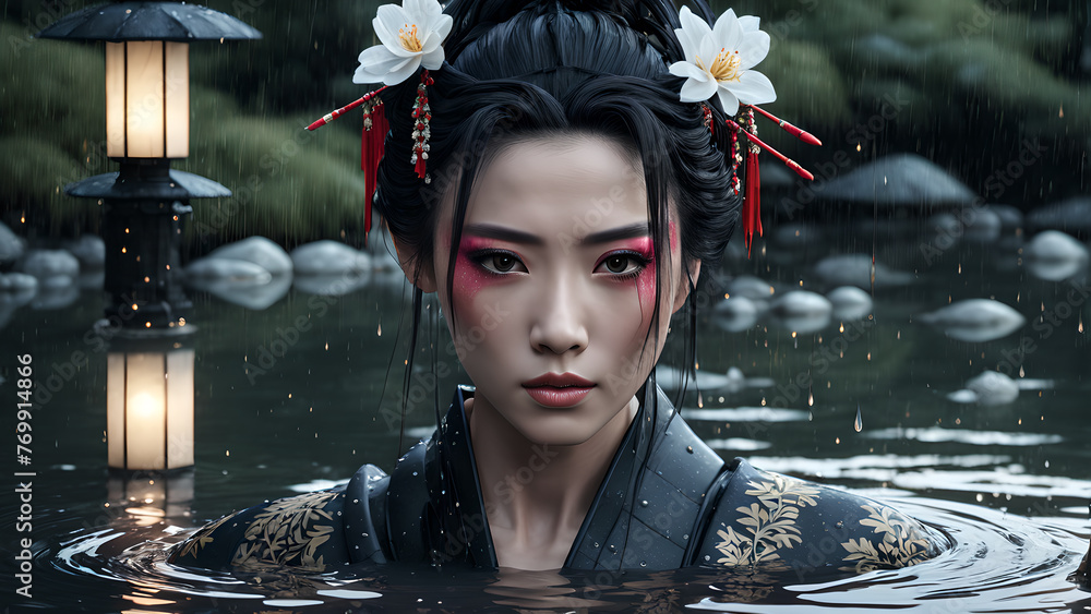 Beautiful female samurai warrior outdoors at a traditional Japanese ...