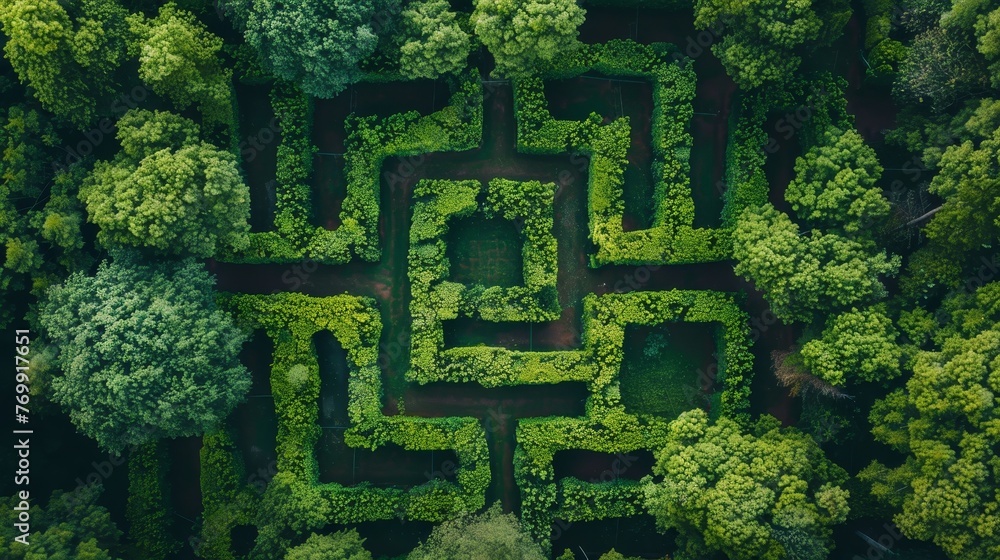 Directly above, the dense greenery of a hedge maze creates a natural ...