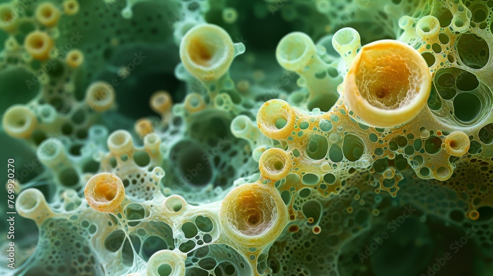 Microscopic imagery revealing the complex network of fungal spores and ...