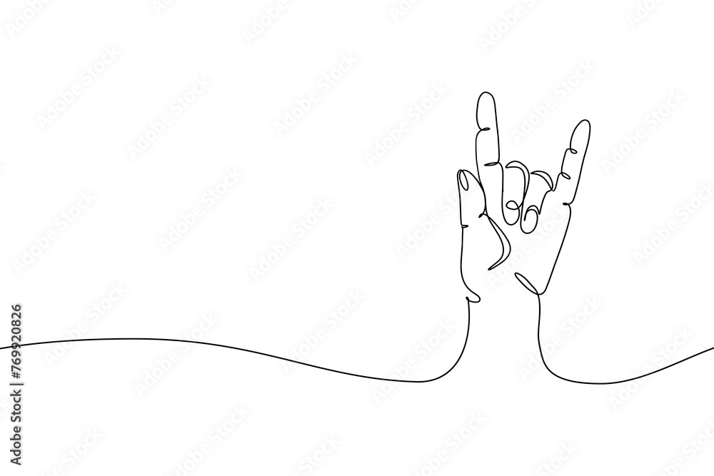 Rock on hand gesture one line drawing. Palm with fingers in rock sign ...