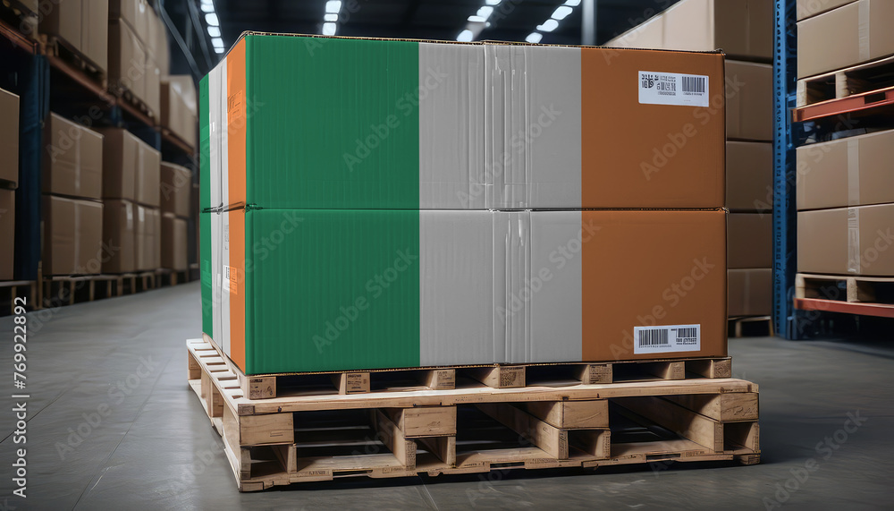 Cardboard boxes and a pallet with the Irish flag, symbolizing export ...