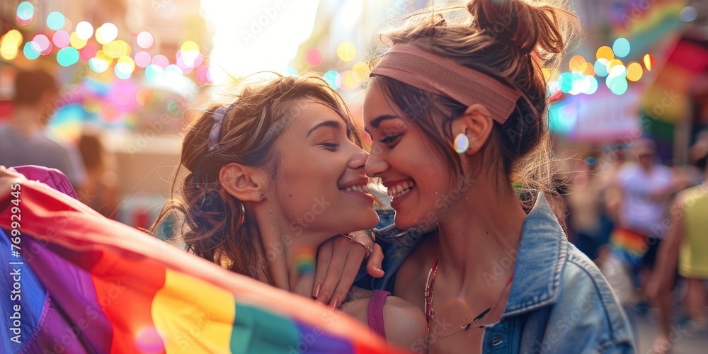 Charming lesbian couple celebrating on pride parade, side view, Vogue magazine style photo ...