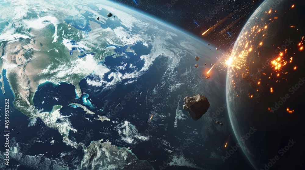 Meteorite falling on planet Earth, a second before the disaster, view ...