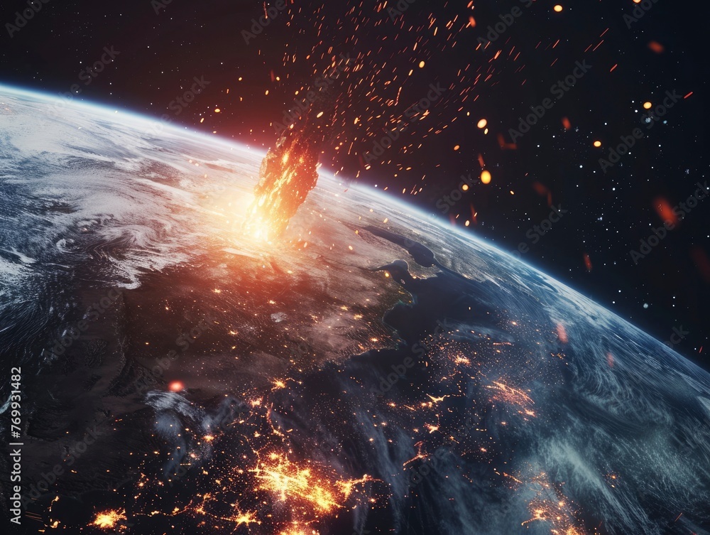 Meteorite falling on planet Earth, view from space, realistic graphics ...