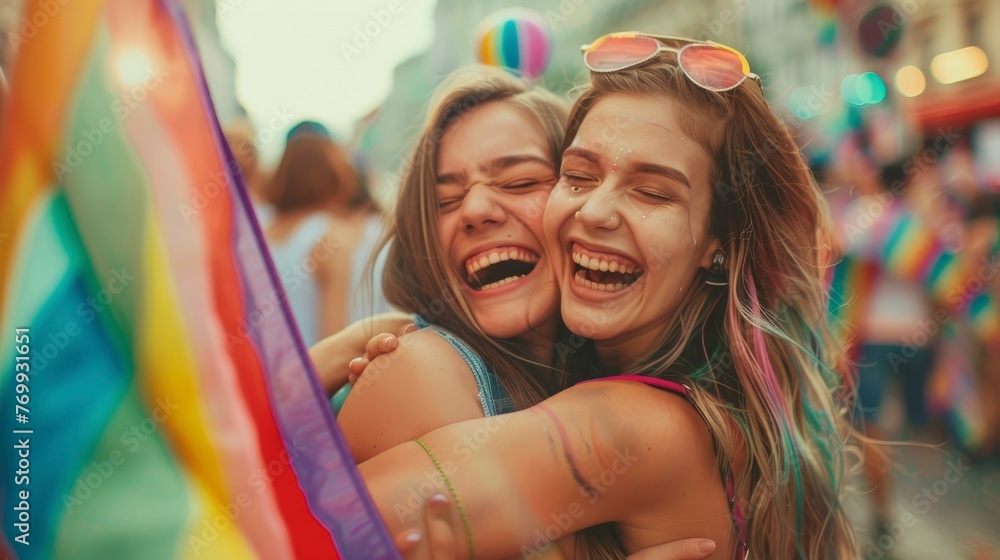 Two Beautiful Lesbian Girls Hugging And Celebrating On Pride Parade