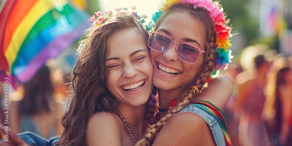 Two beautiful lesbian girls hugging and celebrating on pride parade ...