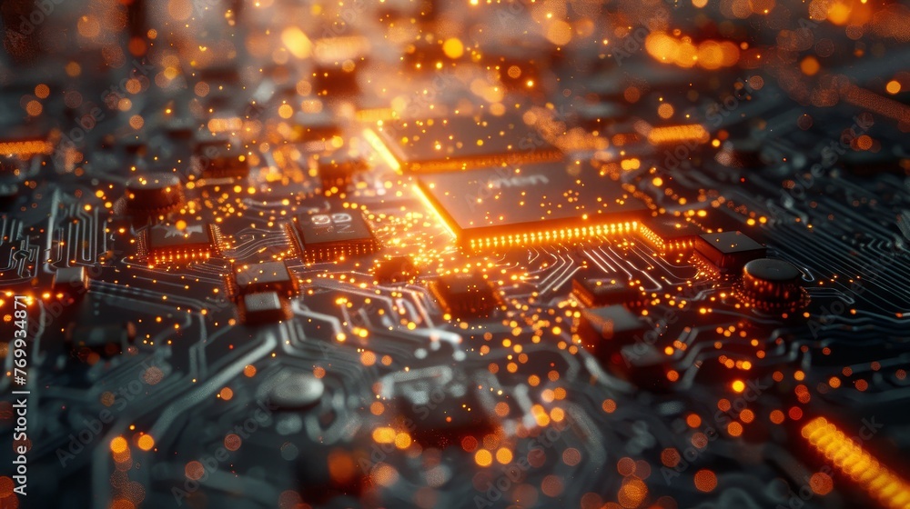 Detailed view of a computer motherboard circuitry with dynamic orange ...