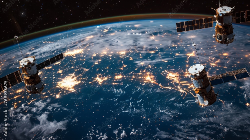 A trio of satellites in orbit above the Earth at night, with the ...