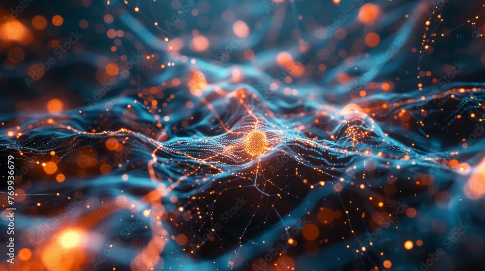 Abstract visualization of a neural network with luminous nodes and ... Abstract visualization of a neural network with luminous nodes and ...