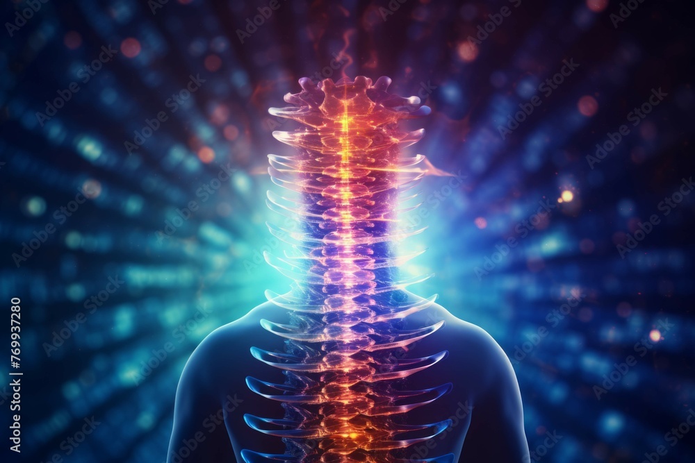 the human spine with vibrant energy fields in a shape of an abstract ...