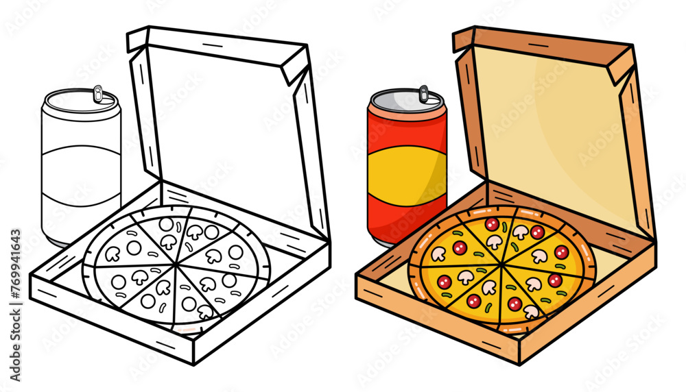 Vector Illustration of pizza with box and soda drink with lines and ...