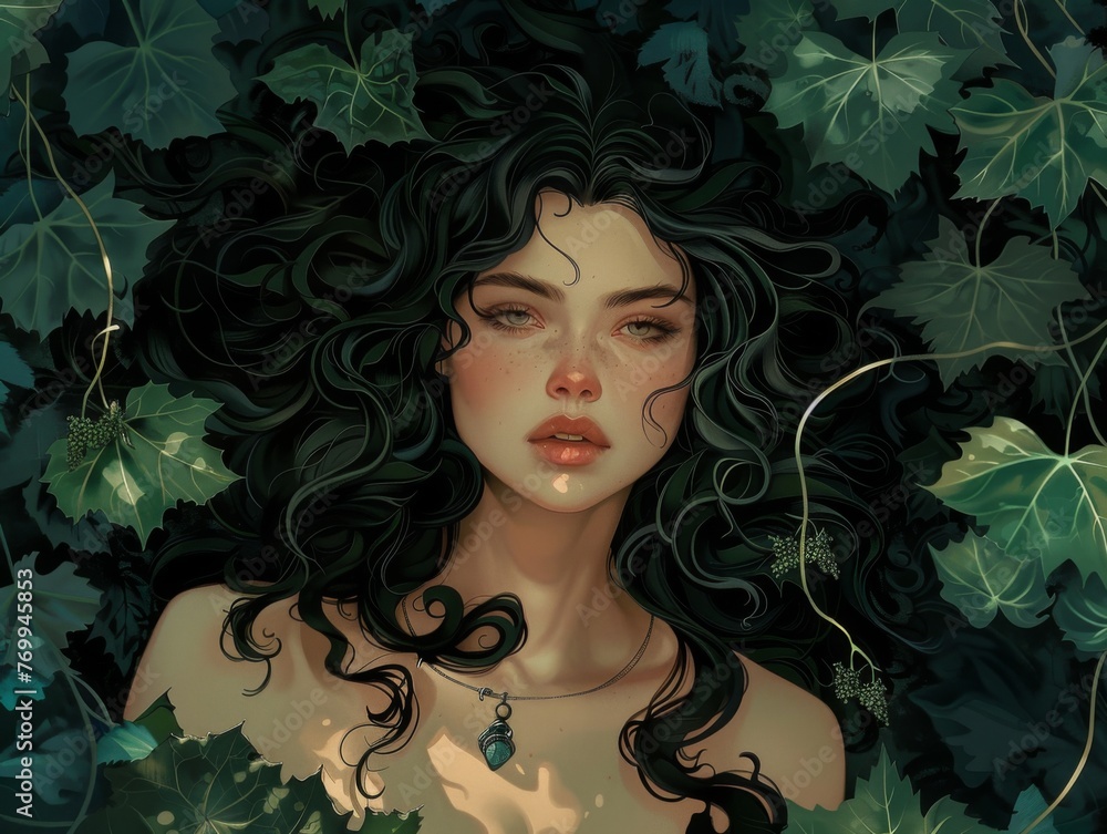 Beautiful Dark haired Woman like dryad in ivy leaves , Concept ...