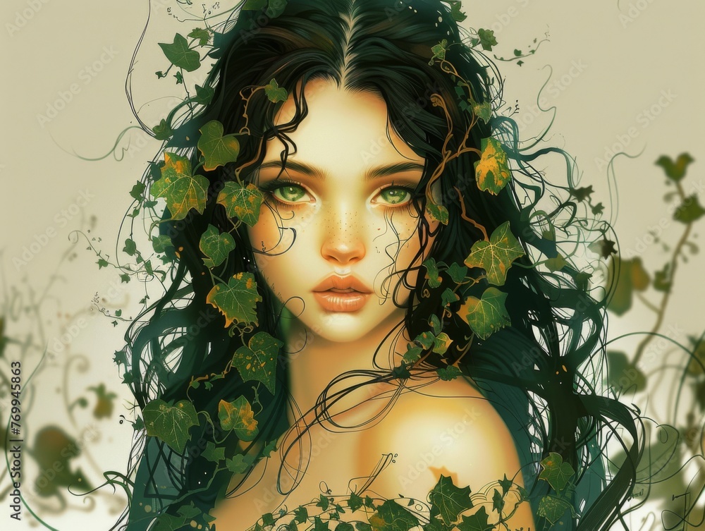 Beautiful Dark haired Woman like dryad in ivy leaves , Concept ...