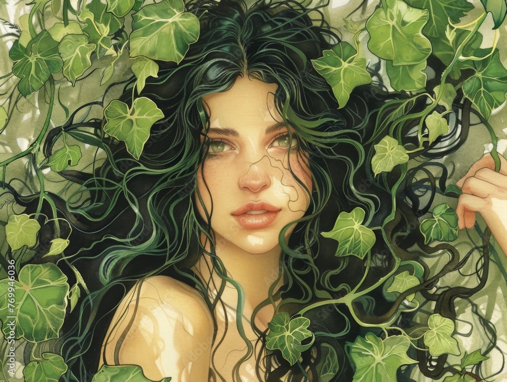 Beautiful Dark haired Woman like dryad in ivy leaves , Concept ...