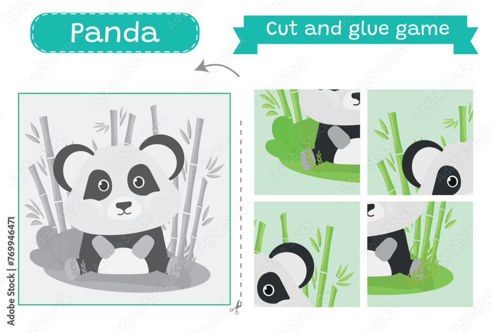Vector cut and glue activity. Panda. Puzzle 4 parts. Crafting game with ...