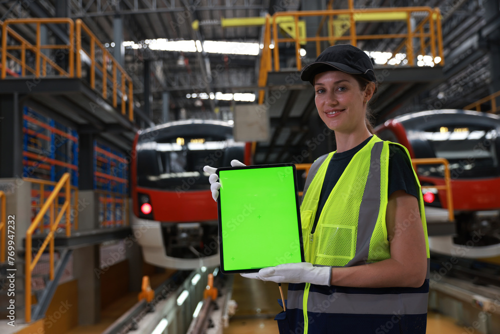 Female railway engineer with safety vest working in the electric train ...